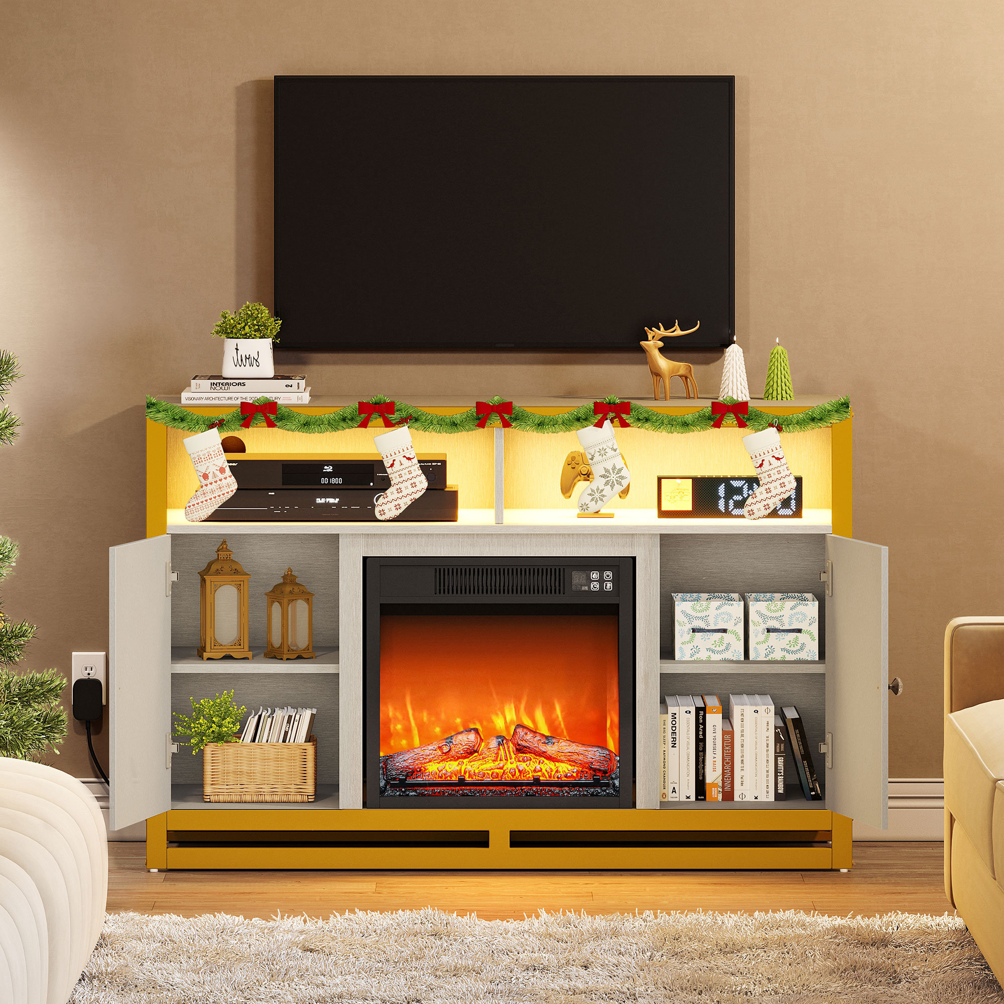Wrought Studio™ Hadasha 47" LED Media Console Mirrored TV Stand with Electric Fireplace ...